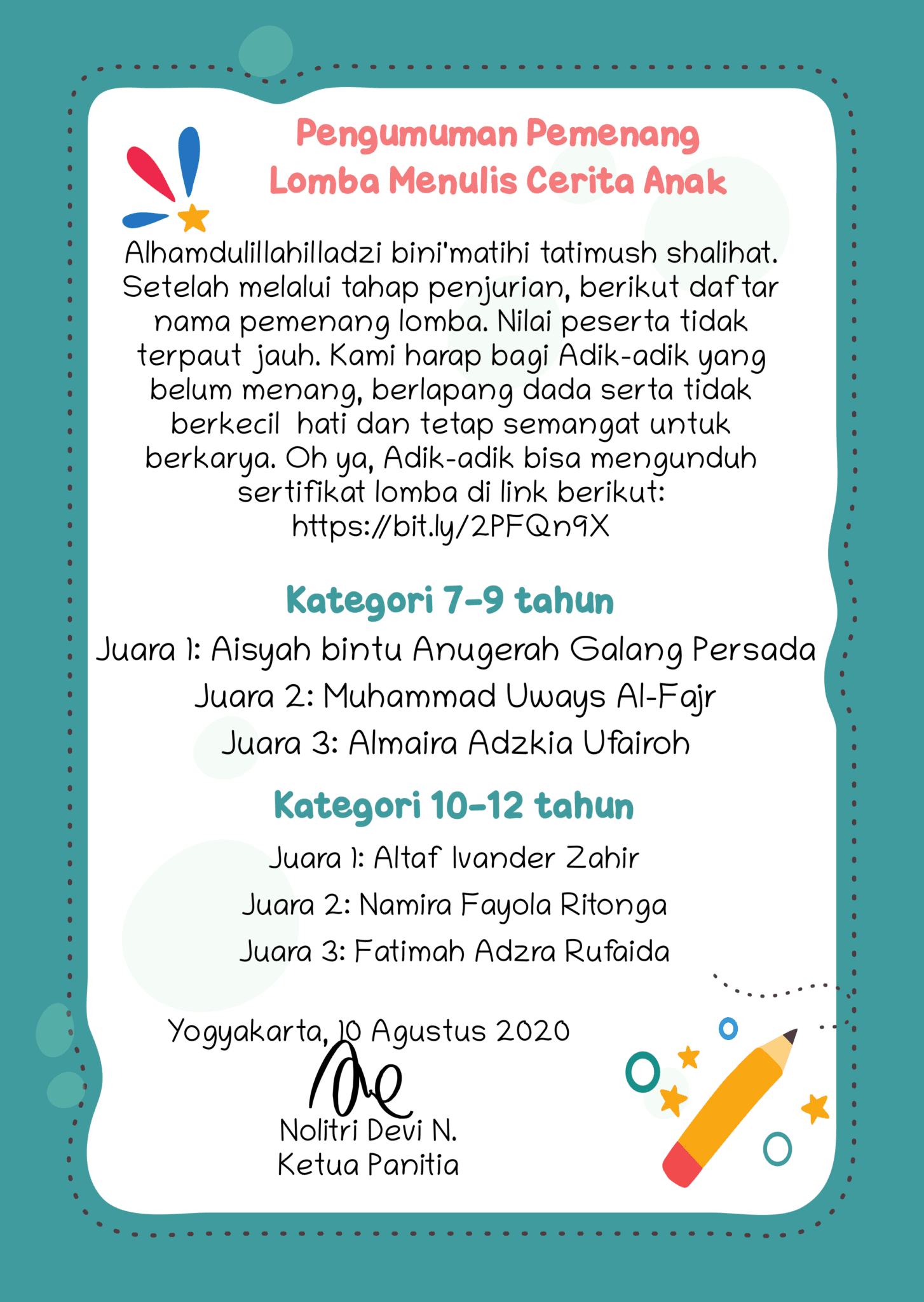 Pengumuman Lomba Menulis Cerita Anak